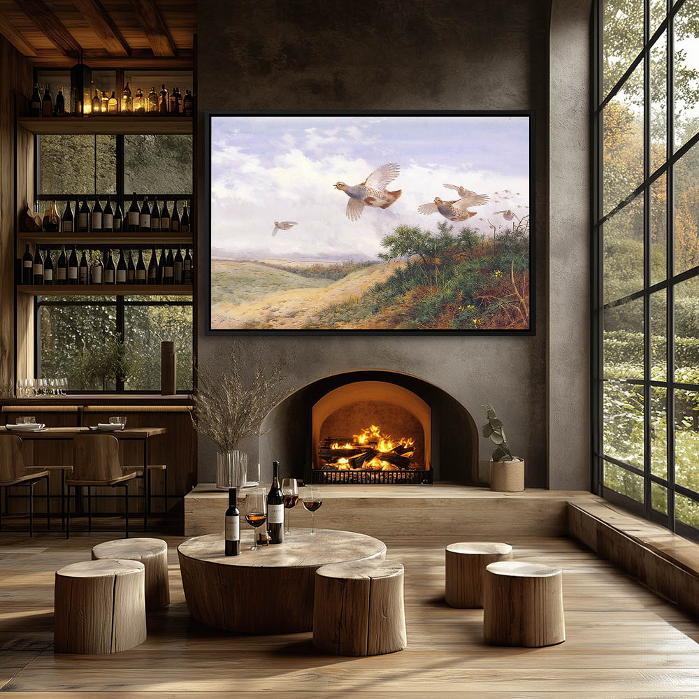 A Large Covey of Grey Partridge in Flight over Gorse – Great Canvas Arts