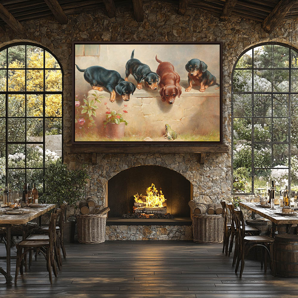 Curious Dachshund Puppies and a Frog – Great Canvas Arts