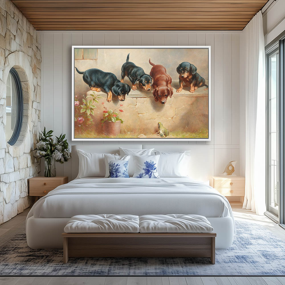 Curious Dachshund Puppies and a Frog – Great Canvas Arts